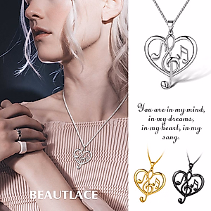 beautlace Women's Musical Note Necklace Silver Plated Love Heart Treble Clef Music Note Pendant Jewelry Gifts for Music Lover KP0057W