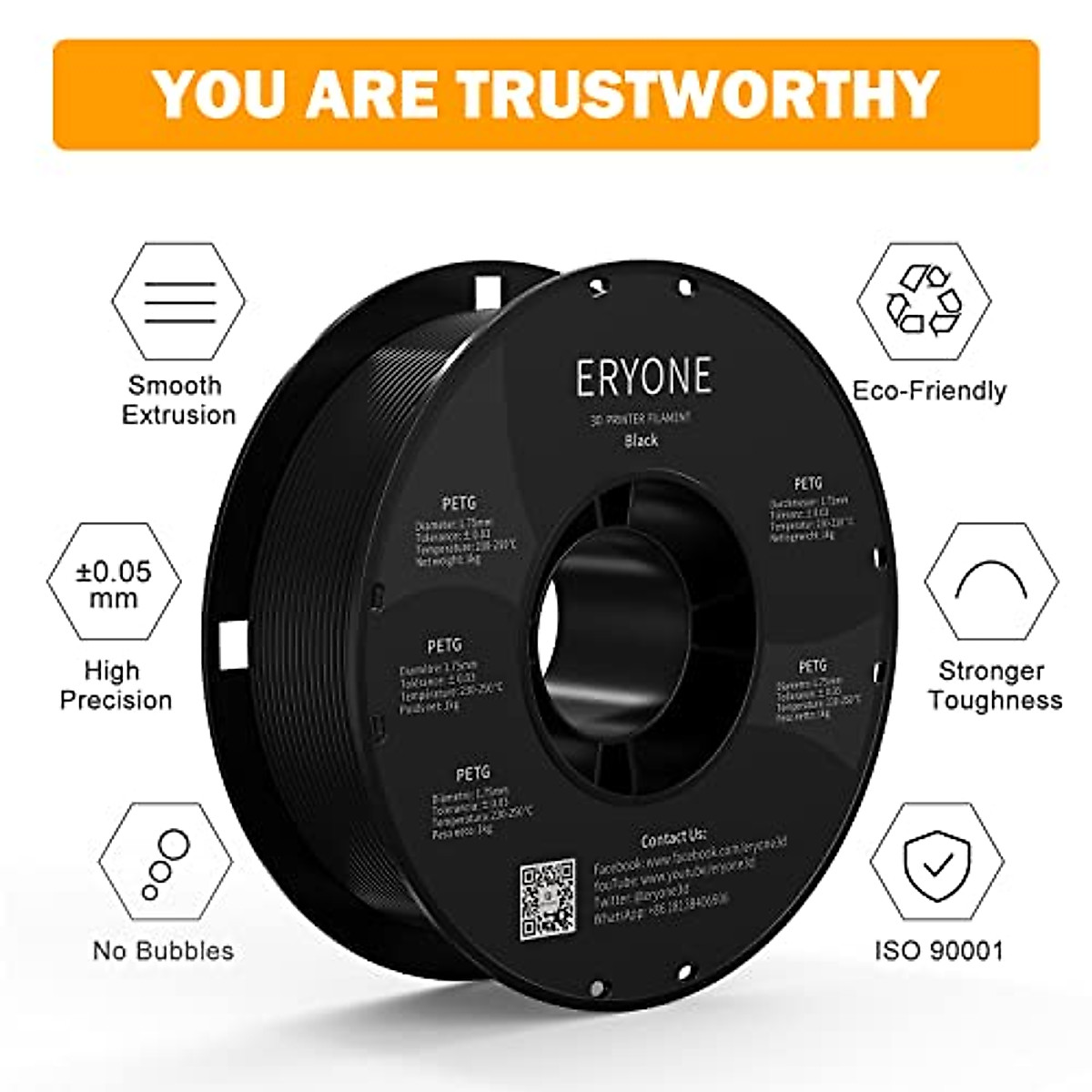 ERYONE PETG Filament for 3D Printer, 1.75mm +/-0.03mm, 1kg(2.2LBS)/Spool, Black