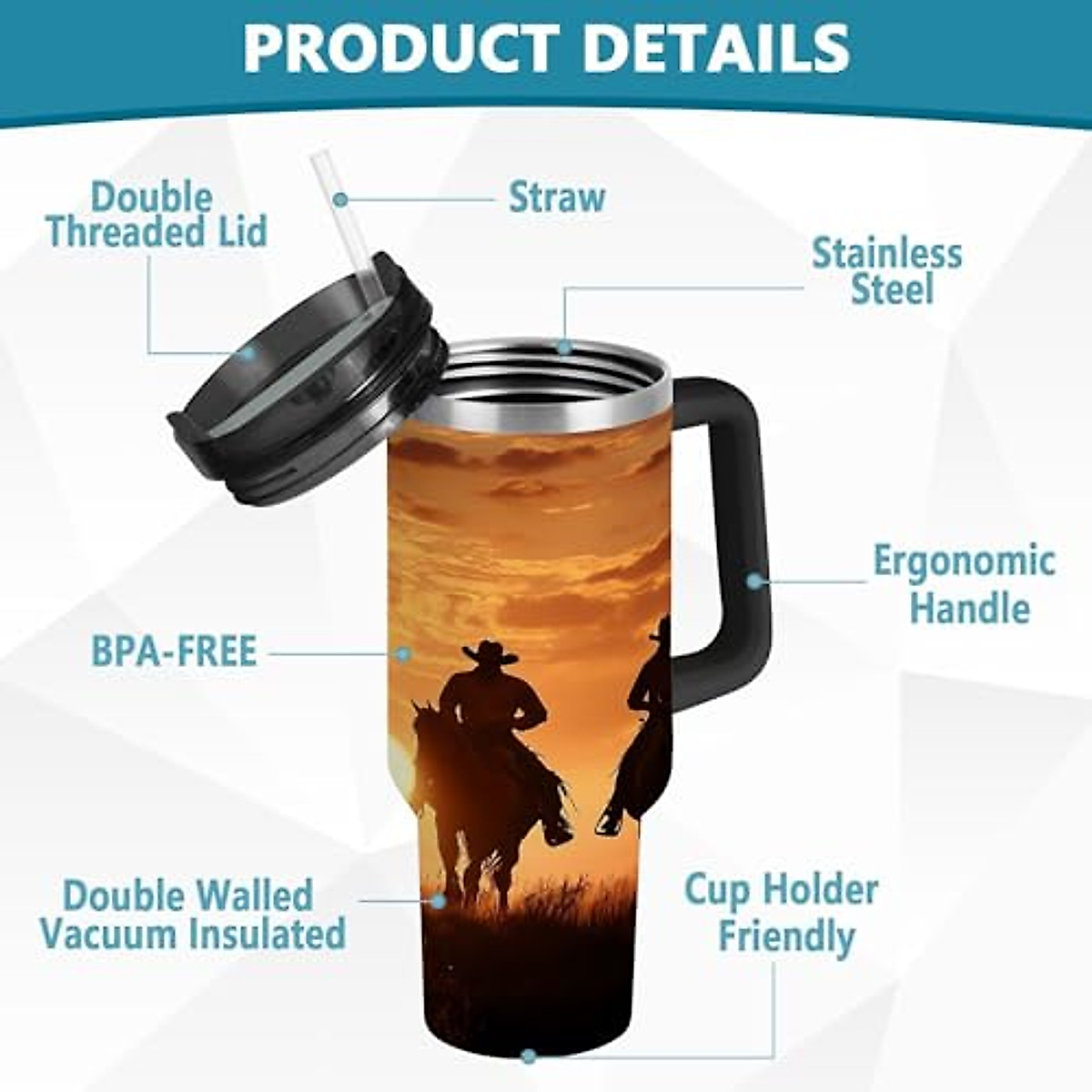 Flradish 30oz Tumbler with Handle, Desert Troops Cowboy under Sunset Stainless Steel Tumbler with Lid and Straws Double Wall Vacuum Insulated Leakproof Coffee Travel Mug