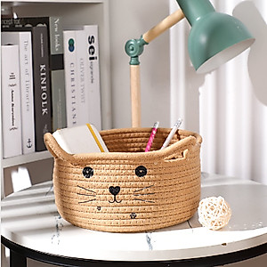 Zopeal Cat Basket Storage Woven Basket Organizer with Ears Decorative Pet Toy Cute Basket Cotton Rope Basket for Gift Cat Dog Toy Bin Nursery Room Kid (Khaki,8.3 x 4.7 Inch)