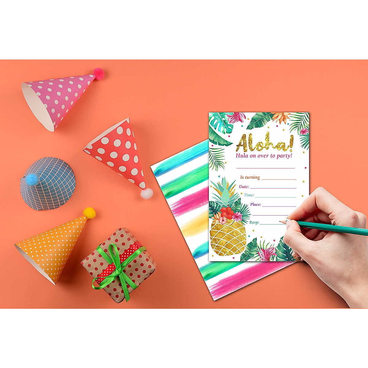 Disfuco Hawaiian Summer Pool Party Invitations, Aloha Luau Tropical Party Invitations - Fill in The Blank Birthday Party Invites - 20 Invitation Cards With 20 Envelopes (d02)