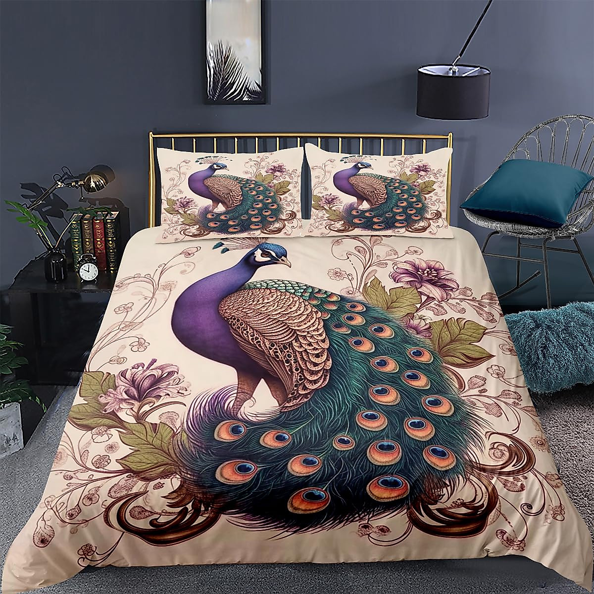 CCoutueChen Purple Peacock Duvet Cover Queen Size, Unique Exotic Animal Bedding Set Colorful Flower Bird Duvet Covers Set Boho Chic Bedding Set, with 2 Pillowcases（Girls Women Adult）