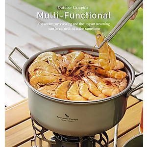 iBasingo 1.8L Titanium Steamer Stockpot Frying Pan Set Ultralight Outdoor Camping Pot Pan Set Portable Campfire Soup Hot Pot Cookware Backpacking Household Kitchen Cooking Kit Ti2101C