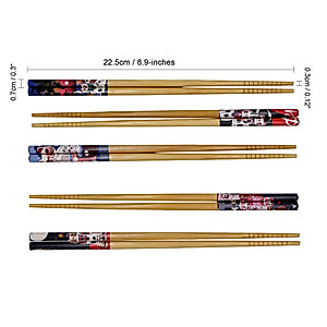 Exzact Chopsticks Gift Set - 5 Pairs of Reusable Natural Bamboo Chopsticks in a Beautiful Black Handmade Box - Decorated Japanese Lucky Cat/Fortune Cat Style