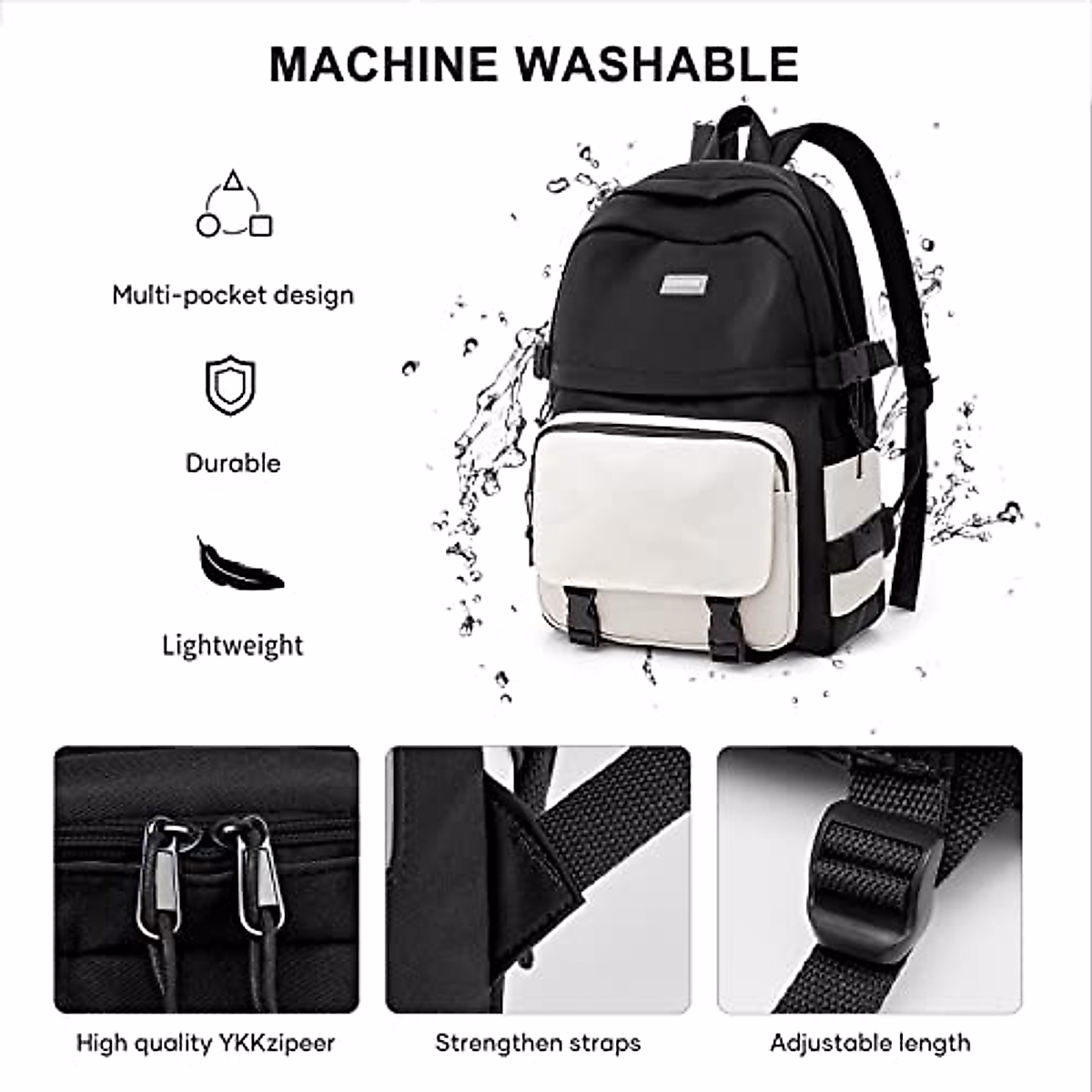 weradar Cute Black Backpack For School Teen Girls,Lightweight Middle School Bookbags,Waterproof Travel Rucksack Casual Daypack,College Backpack For Women