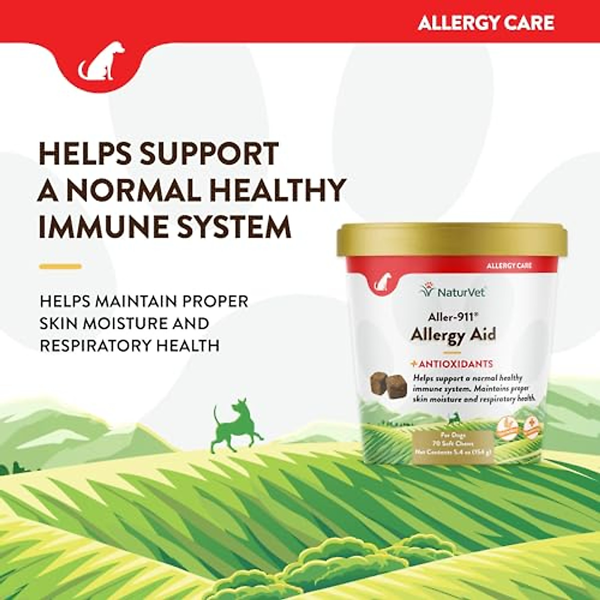 NaturVet Aller-911 Advanced Allergy Aid for Dogs, Cats – Antioxidant-Rich Pet Supplement with Omegas, DHA, EPA – Helps Support Dog Immune System, Cat Respiratory Health, Skin Moisture 70 Soft Chews