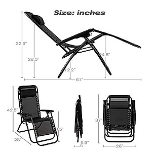 HCB Zero Gravity Chair Patio Folding Lawn Lounge Chairs Outdoor Lounge Gravity Chair Camp Reclining Lounge Chair with Pillows for Vacation (Black)