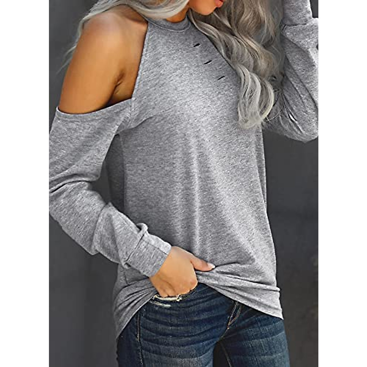 Dokotoo Fall Casual Cold Shoulder Tops for Women Hollowed Out Long Sleeve Sweatshirts T Shirt Women Open Shoulder Tops Sexy Halter Neck Top Pullover Tunic Blouses 2023 Fashion Gray XX-Large