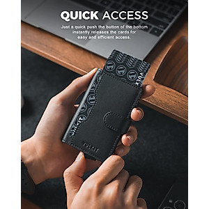 VULKIT Pop up Wallet Credit Card Holder with Leather Slots RFID Blocking Slim Metal Card Case for Men or Women(Black)