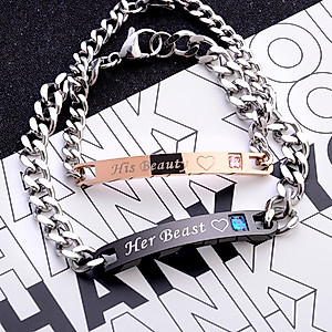 OUXUN Matching Bracelets For Couples Set Her Beast His Beauty 2 Pcs Romantic Lettering Relationship Couples Link Bracelets Promise Gifts Birthday Present For Women Men BF GF Lovers