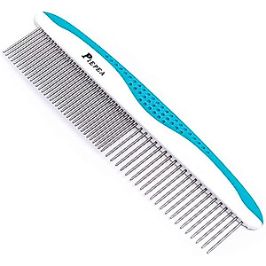 Piepea Pet Comb, Stainless Steel Teeth Comb for Dogs & Cats, Pet Hair Comb for Home Grooming Kit, Removes Knots, Mats and Tangles, 7 1/4"