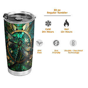 ORCAE 20oz Green Jade Stained Glass Dragonfly Tumbler, Gifts for Dragonfly Lovers, Coffee Thermos for Women, Stainless Steel Double Wall Vacuum Insulated Coffee Mug, Travel Cup with Lid - H
