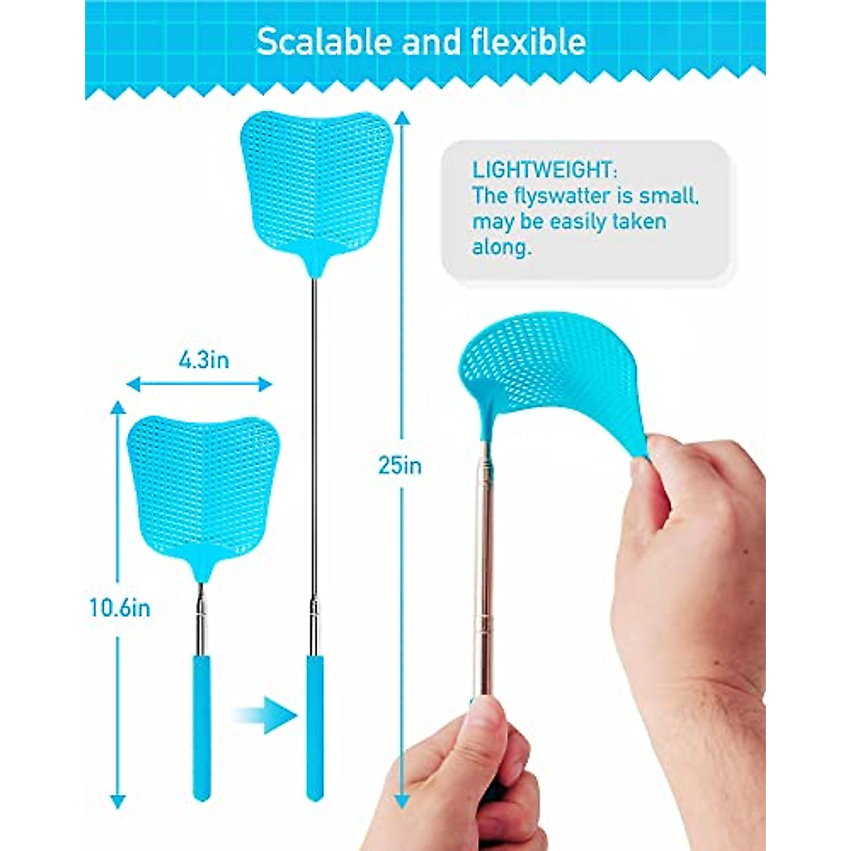 Wapodeai 2 Pack Fly Swatters Heavy Duty Set, Fly Swatter, Telescopic Fly Swatters, Stainless Steel Handle for Flyswatter. (Blue)