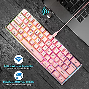 MageGee TS92 Wireless 60% Gaming Keyboard, Compact 61 Keys Rechargeable RGB Backlit Office Keyboard, 2.4G Wireless Connection, Pink Waterproof Portable Computer Keyboard for Mac Windows Laptop