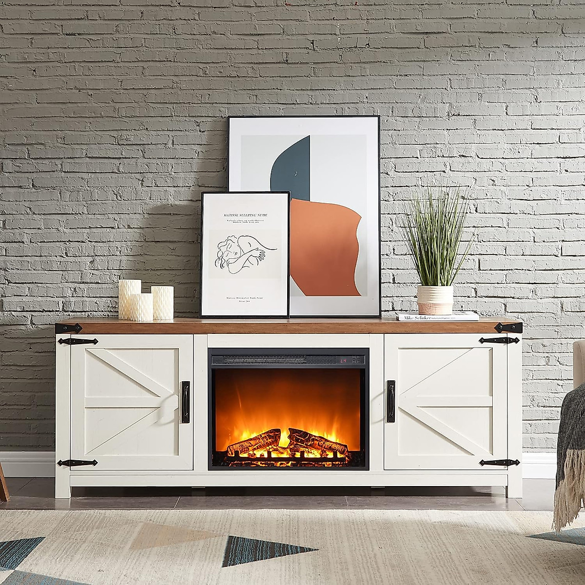 T4TREAM Fireplace TV Stand for 75 Inch TV, Farmhouse Barn Door Media Console, Entertainment Center with 23" Electric Fireplace Remote Control,for Living Room, 66 Inch, Antique White