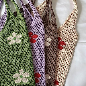 CICILEEDA Crochet Bag Knitted Beach Tote Bags for Women Summer Y2K Aesthetic Hobo Flower Fairy Fairycore Grunge Bag Flower Green One Size