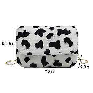 RARITYUS Women Fashion Leopard Print Shoulder Bag Fluffy Plush Handbag Cow Print Crossbody Purse Faux Fur with Chain Strap