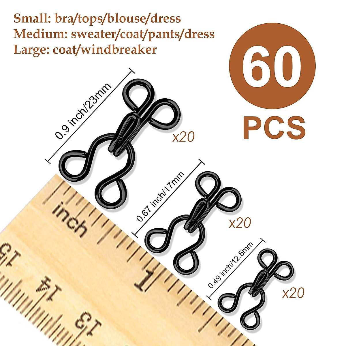 KACOLA 60 Set Sewing Hook and Eye Latch for Clothing, Bra Hooks Replacement, Large Hooks and Eyes Clasps for Clothing, Sewing DIY Craft, 3 Sizes 23/17/12.5mm, Black and Silver