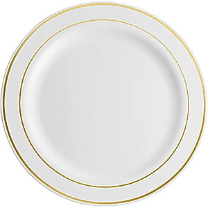 Munfix 100 Piece Plastic Party Plates White Gold Rim, Premium 10.25 Inch Dinner Elegant Fancy Heavy Duty Disposable Wedding Plates
