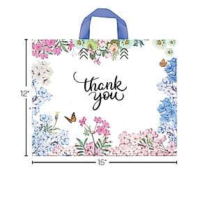 Purple Q Crafts Thank You Bags for Business 50 Pack 15" W x 12" H Floral Plastic Shopping Bags With Soft Loop Handle Thank You Shopping Bags