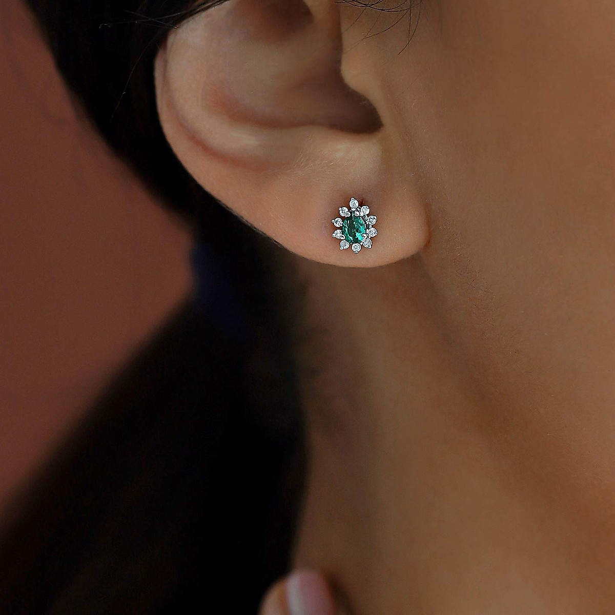 Gelin 14K Solid Gold Birthstone Stud Earrings with Diamond | 14k Gold Emerald Stud Earrings for Women