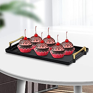 Table Tray Plastic Serving Trays - Modern Rectangular Decorative Tray for Coffee Table Living Room Kitchen Countertop Bathroom - Food Tray for Eating Breakfast with Gold Handles - 15.4 x 8.5 Inches