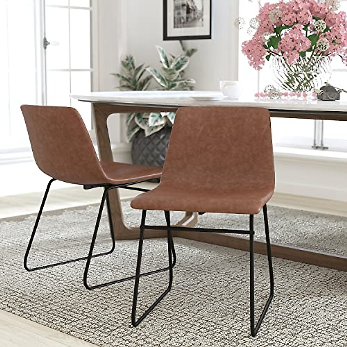 Flash Furniture Butler 18 Inch Commercial Grade LeatherSoft Dining Table Height Chair, Mid-Back Black Sled Base with Light Brown LeatherSoft Upholstery, Set of 2