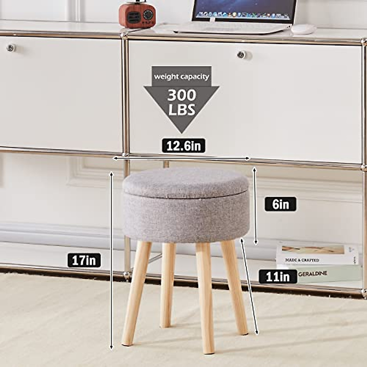 Mxfurhawa Storage Ottoman Linen Round Vanity Stool Tray Top Modern Foot Stool with Wood Legs Multifunctional Upholstered Foot Ottoman Rest for Living Room, Bathroom, Makeup (Grey)