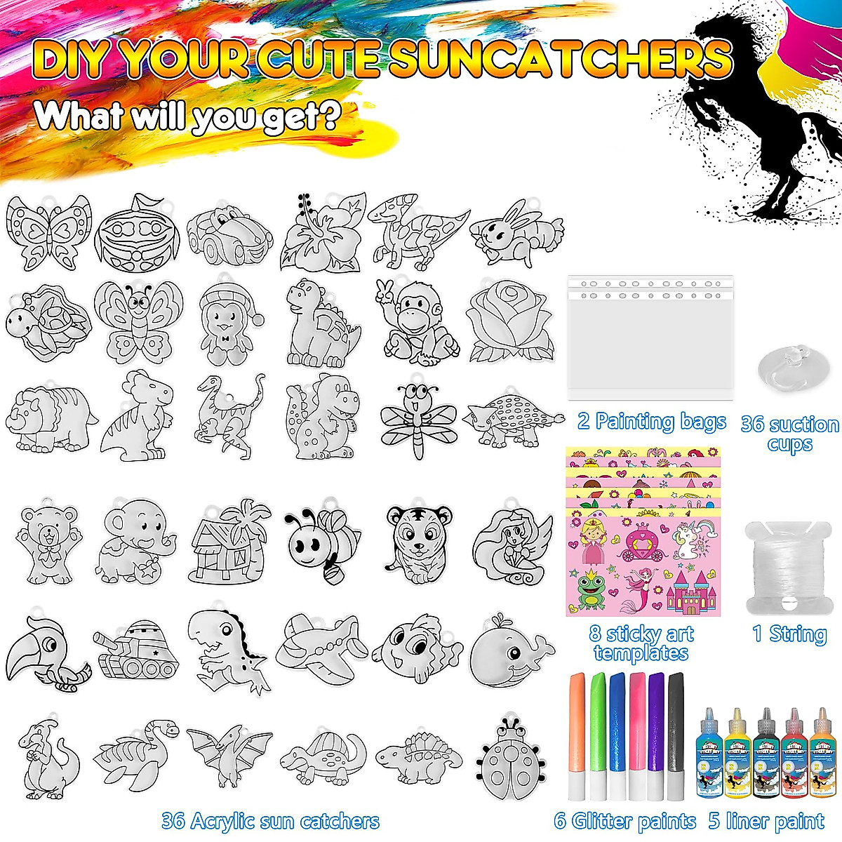 CAPKIT 36Pcs Suncatcher Kits for Kids, Window Art Kids Crafts, 11 Paints for Creative DIY, Arts and Crafts Gift for Kids Children 4-8