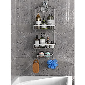 Elbourn Shower Caddy Over Shower Head, Bathroom Hanging Shower Organizer with Hooks, SUS201 Stainless Steel Shower Storage Rack 3 Shelves for Shampoo, Soap and Razor - Silver