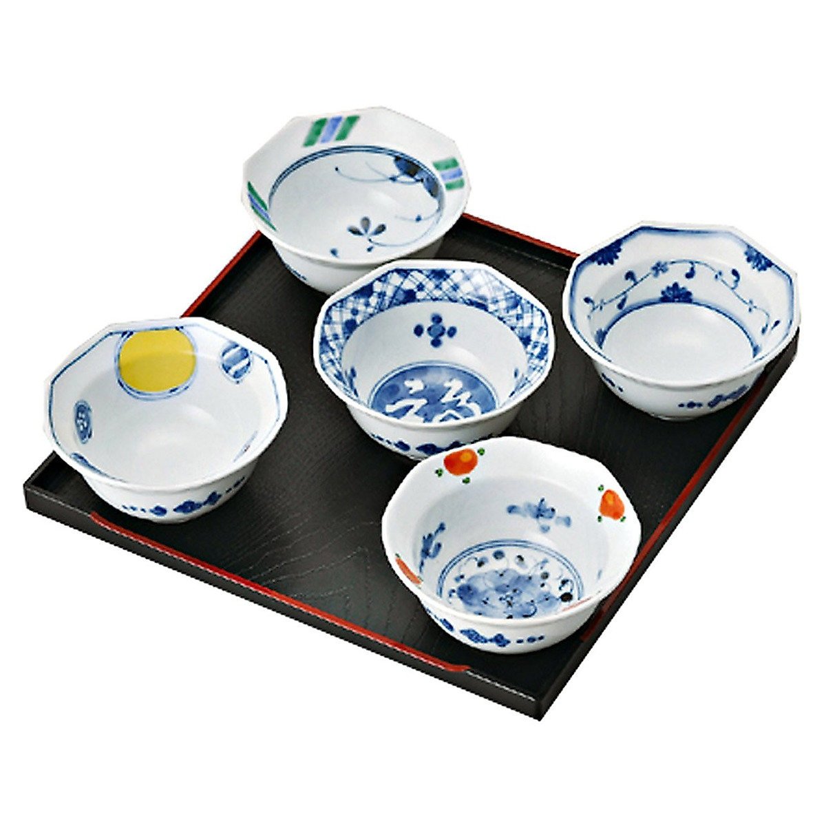 西海陶器(Saikaitoki) Saikai Pottery 30010 Hasami Ware Small Bowl, Octagonal, Small, Dyed Nishiki, Picture Changing, Bon, Comes in a Presentation Box, Diameter 3.3 inches (8.5 cm), Set of 5