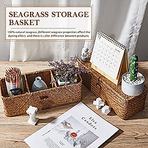 2 Pieces Seagrass Baskets with Lid, Rectangular Hand Woven Wicker Bin Storage Box for Shelves Organizing, Small Rustic Home Storage Organizer Container for Toilet Paper Snack Toys (Khaki)