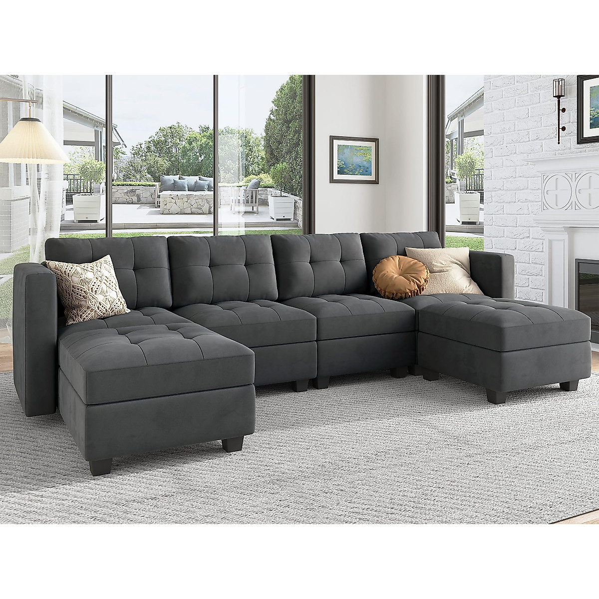 HONBAY Modular Sectional Sofa with Storage Velvet U Shaped Couch with Reversible Chaises Sectional Sofa with Ottomans, Bluish Grey