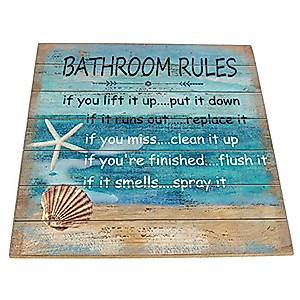 Seashells Bathroom Rules Wall Sign for Bathroom Decor, Funny Bathroom Wall Decor Wall Art For Beach House, Cute Beach Sign Plaque- 12 x 12 Inchs