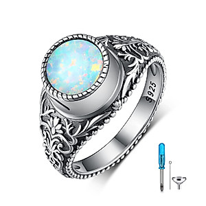 SVODEA Urn Rings for Ashes Cremation Jewelry,925 Sterling Silver Created Lab Opal Cage Filigree Ashes Keepsake Urns Bands with w/Funnel Filler,Memorial Gifts for Women (6)