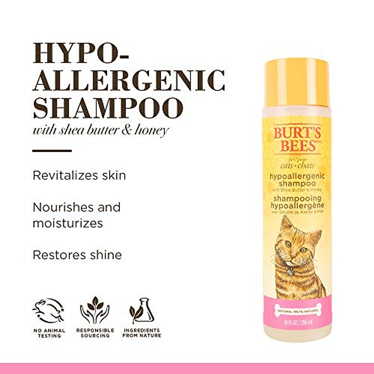 Burt's Bees for Pets Cat Hypoallergenic Cat Shampoo with Shea Butter & Honey | Best Shampoo for Cats with Dry or Sensitive Skin | Cruelty Free, Sulfate & Paraben Free, pH Balanced for Cats - 10oz