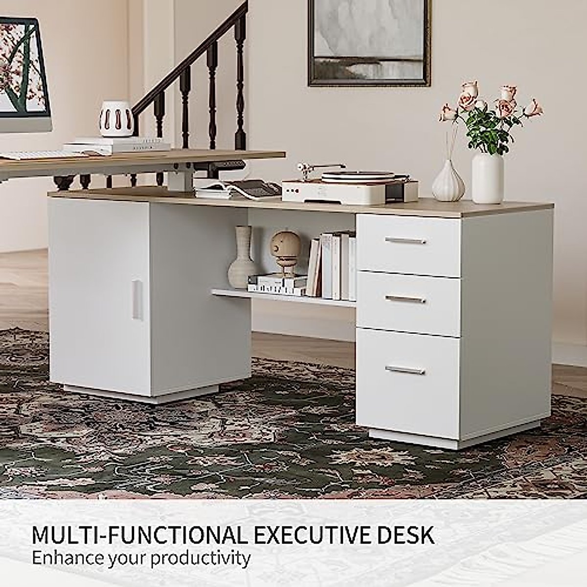 CubiCubi 63" L Shaped Executive Standing Desk with 3-Drawer File Cabinet, Electric Height Adjustable Stand up Desk for Home Office, Computer Desk with Storage Cabinets, White Frame/Light Walnut Top