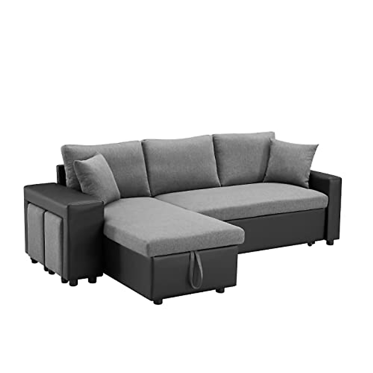 ARINAL 92.5" Linen Reversible Sleeper Sectional Sofa with Storage and 2 stools Steel Gray