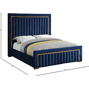 Meridian Furniture DolceNavy-K Dolce Collection Modern | Contemporary Velvet Upholstered Bed with Luxurious Channel Tufting and Gold Metal Trim/Legs, 89" W x 88" D x 63.5" H, King, Navy