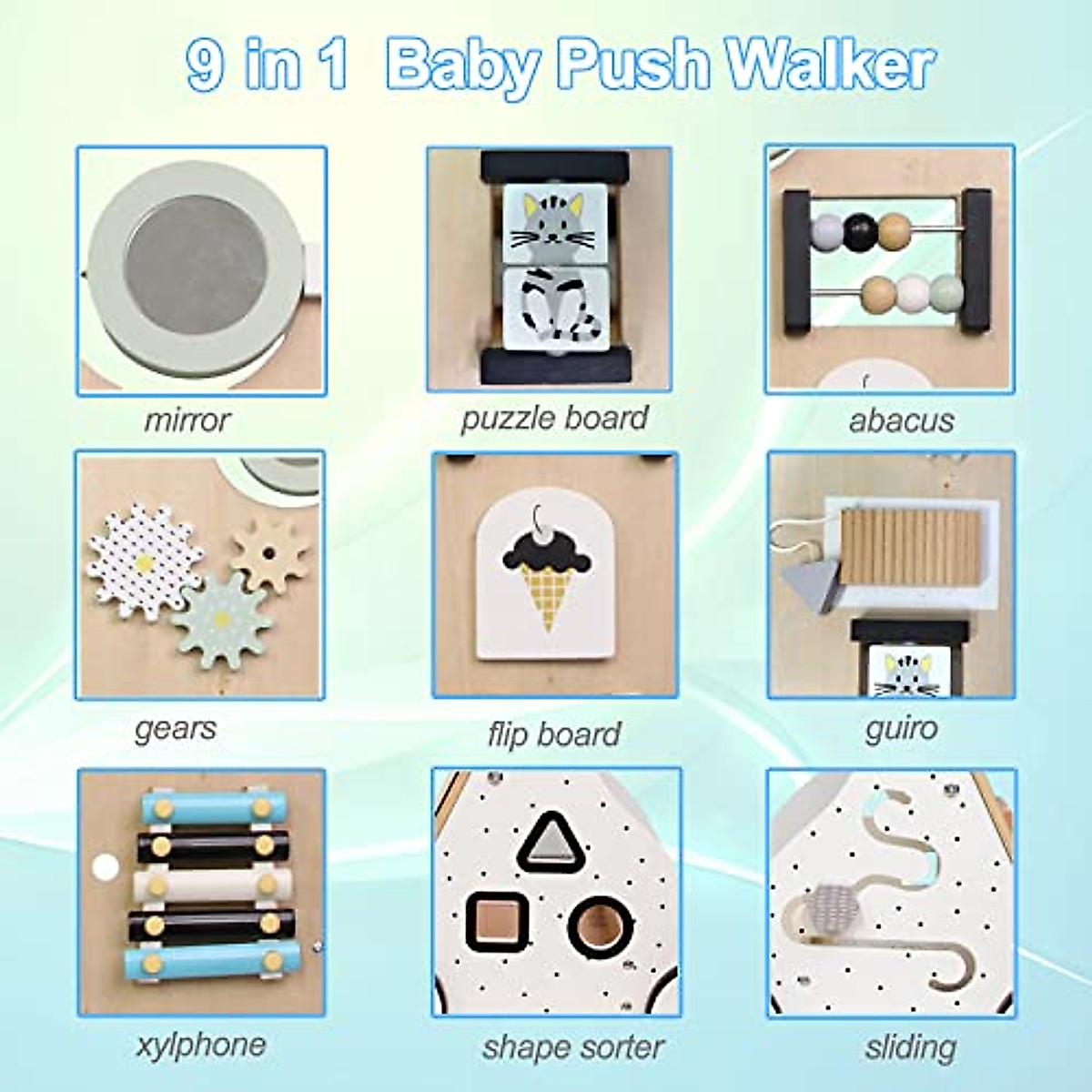 MICKYU Wooden Baby Walker, Baby Activity Center Toys Push Walker Learning to Walk, First 1st Birthday Gift for Toddlers Boys Girls