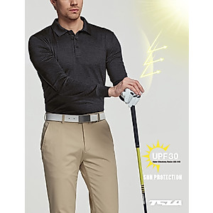 TSLA Men's Long Sleeve Cooling Polo Shirts, UPF Sun Protection Stretch Cool Dry Golf Shirt, Active Business Casual Shirts, Stretch Dry Polo Heather Black, XX-Large