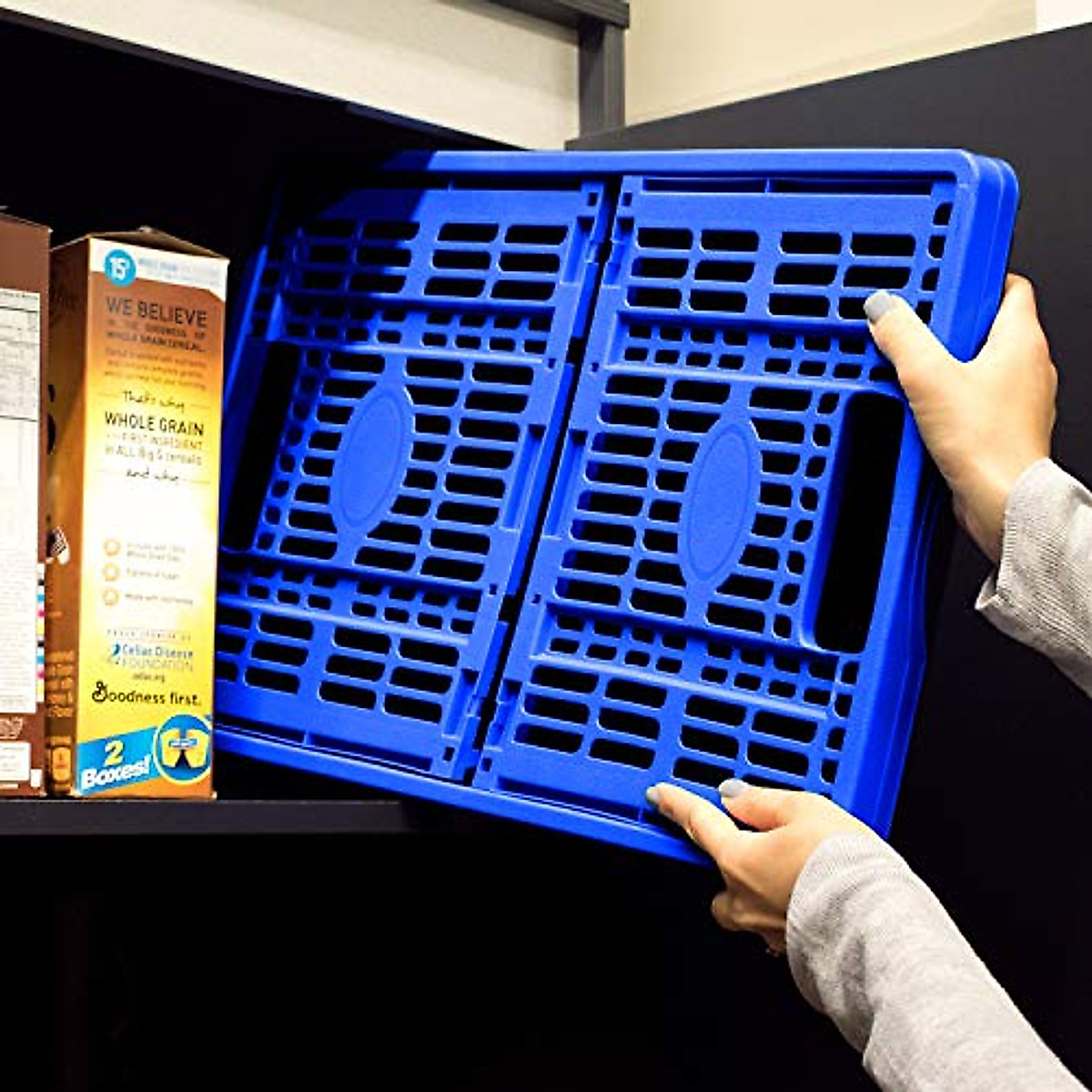 CleverMade 45L Collapsible Storage Bins, Plastic Stackable Grated Wall Utility Containers, CleverCrates Baskets, Royal Blue, 3 Pack