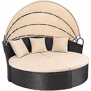Homall Patio Furniture Outdoor Daybed with Retractable Canopy Rattan Wicker Furniture Sectional Seating with Washable Cushions for Patio Backyard Porch Pool Round Daybed Separated Seating (Beige)
