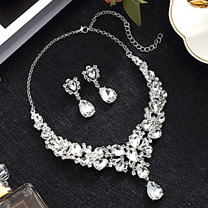 Hicarer Bridal Teardrop Cluster Crystal Jewelry Set for Women Necklace Earrings Wedding (Silver)