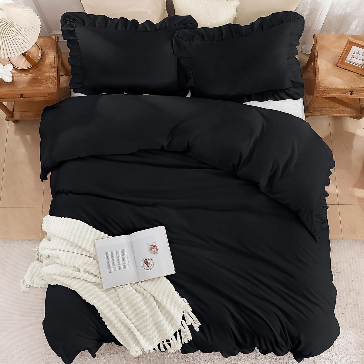 Andency Black Duvet Cover Queen Size, 3 Pieces Ruffle Duvet Cover Set, Soft Microfiber Queen Duvet Cover Bedding Set with Zipper Closure