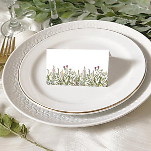 JarThenaAMCS 100Pcs Vintage Wildflower Place Cards 2 x 3.5 Inch Green Wild Floral Tented Cards Blank Table Name Sign for Party Reception Table Setting
