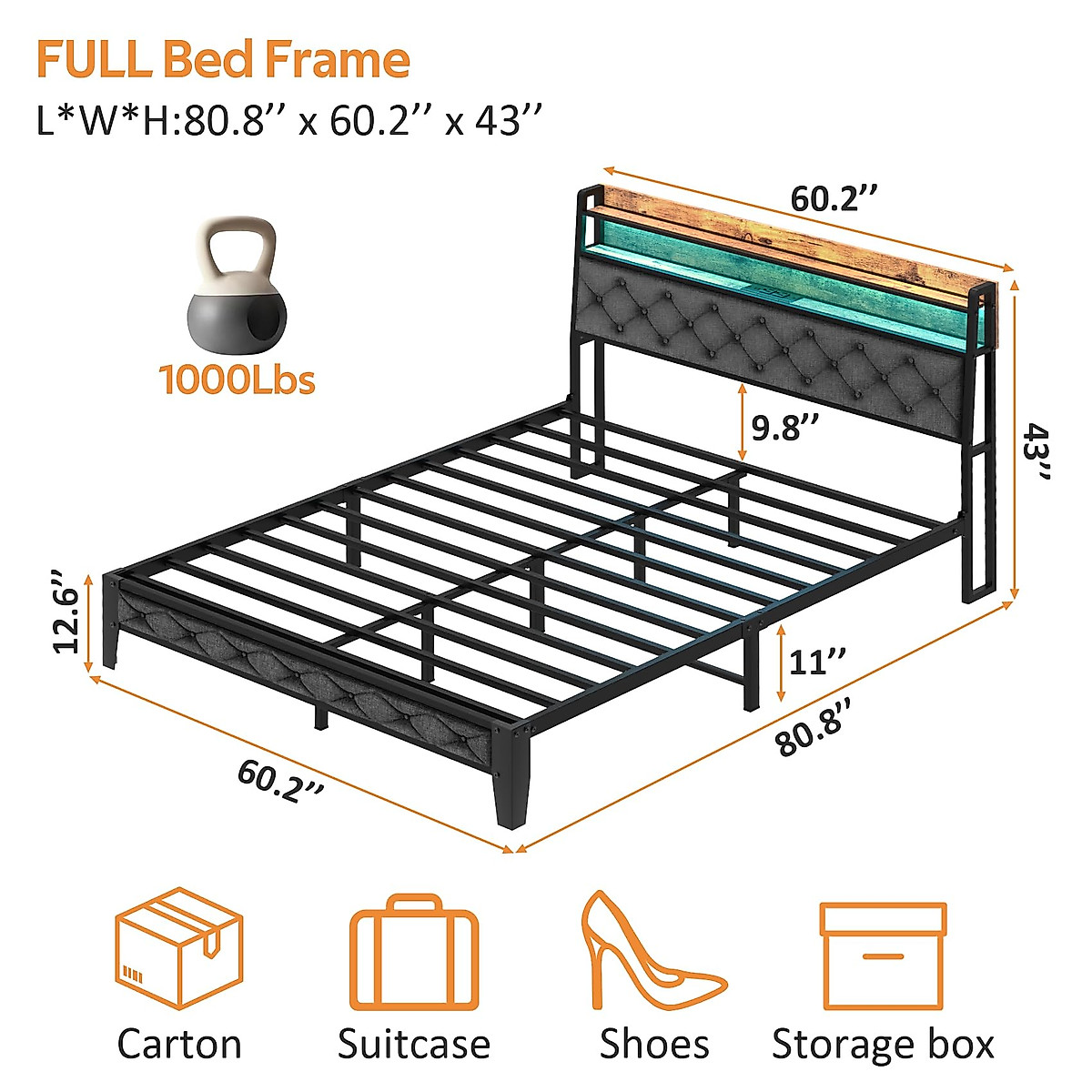 Winkalon Queen Bed Frame with Headboard, Bed Frame with Charging Station, Metal Platform Bed Frame No Box Spring Needed, Modern Wood Upholstered Headboard and Under Bed Storage.
