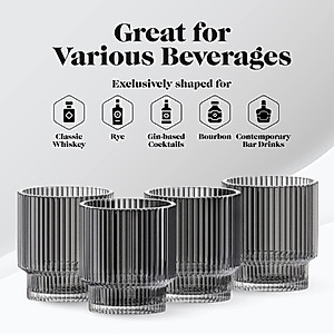 American Atelier Vintage Art Deco Fluted Drinking Glasses, Set of 4 Modern Kitchen Glassware Set | Old Fashion Tumbler for Cocktails and Water | Ribbed Lowball Glass Cup for Whiskey (Smoke Grey)
