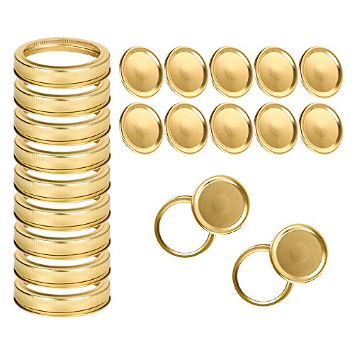 MAEXUS 24 Pcs Canning Lids, 12 Jar Rings + 12 Canning Lids Regular Mouth Mason Jar Lids, Split-Type Metal Mason Jar Lids for Ball, Kerr Jars (Golden)