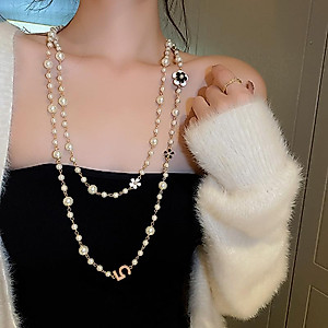 Designer Imitation Pearl Neckalce Camellia Flower Number 5 Long Layered Charm Sweater Neckalce for Women
